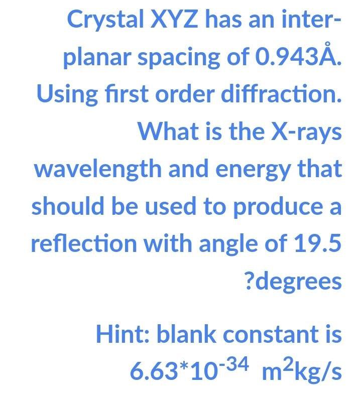 Solved Crystal XYZ has an inter- planar spacing of 0.943Å. | Chegg.com