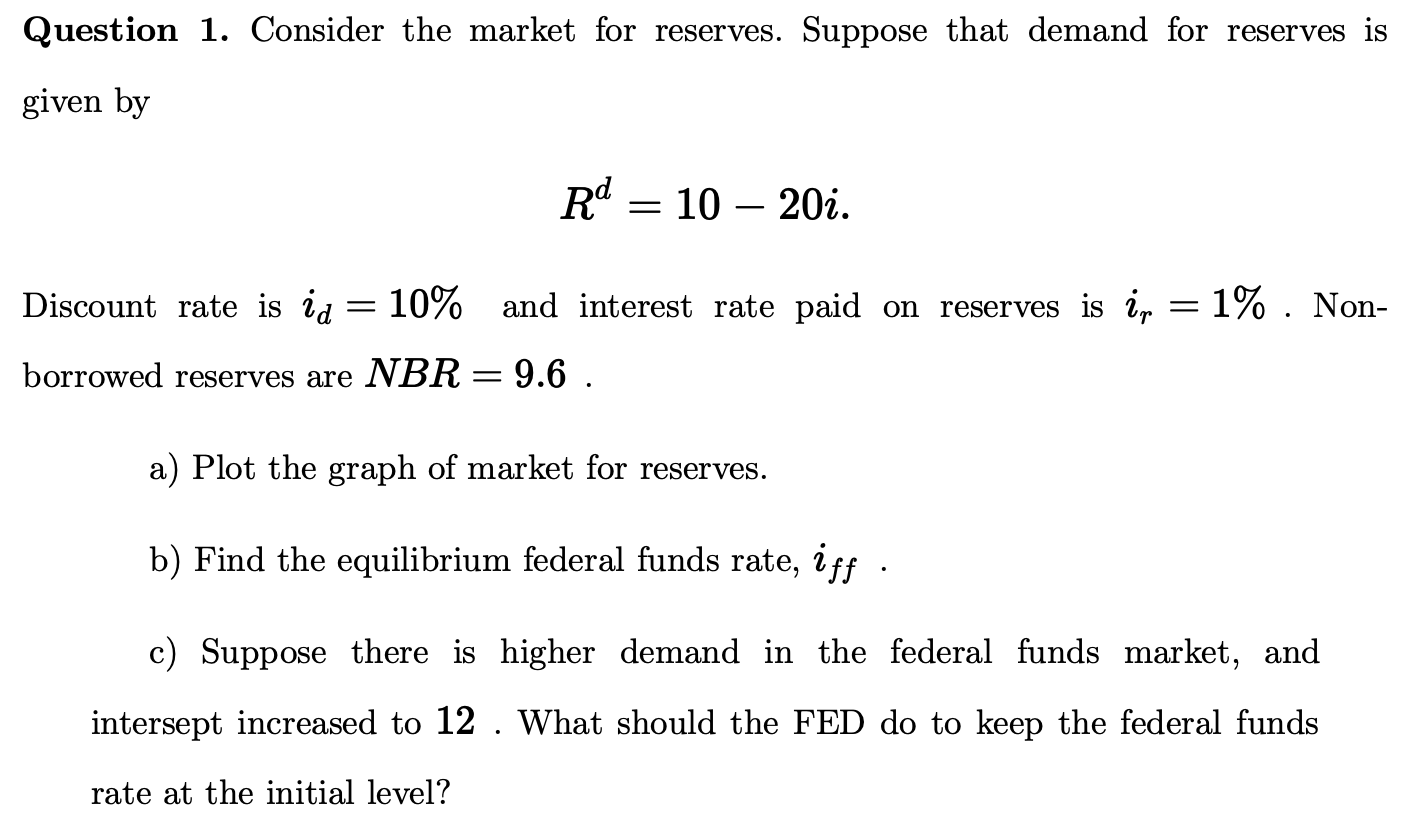 Question 1. Consider the market for reserves. Suppose | Chegg.com