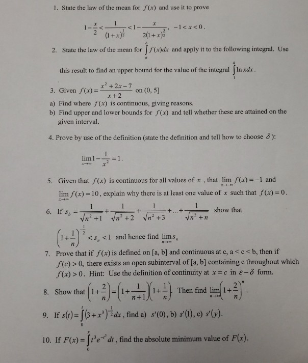 Solved 1. State the law of the mean for f(x) and use it to | Chegg.com ...