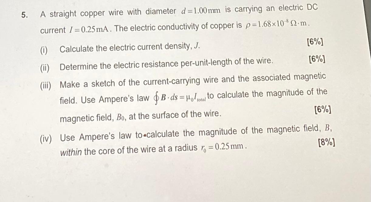Solved 5. A straight copper wire with diameter d=1.00 mm is | Chegg.com