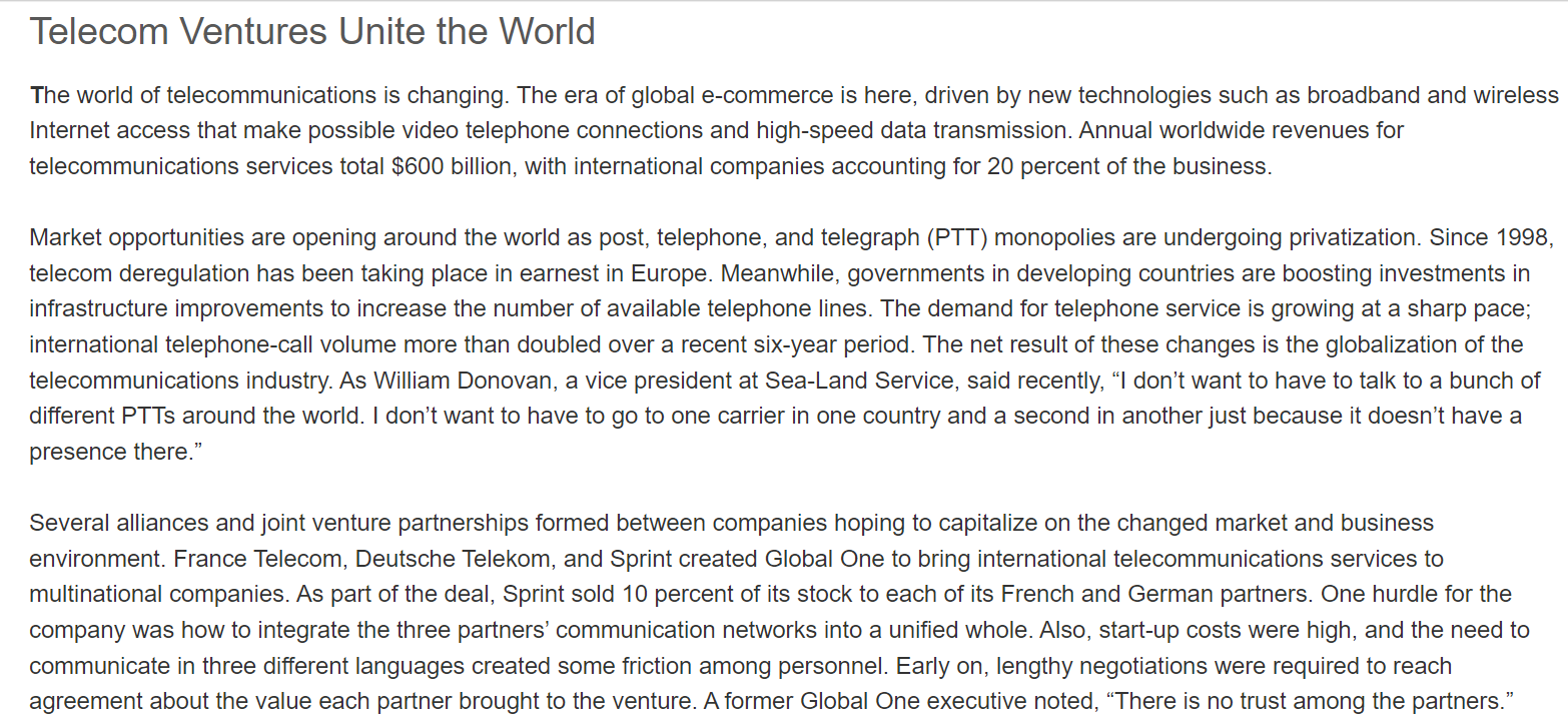Solved Telecom Ventures Unite the World The world of | Chegg.com
