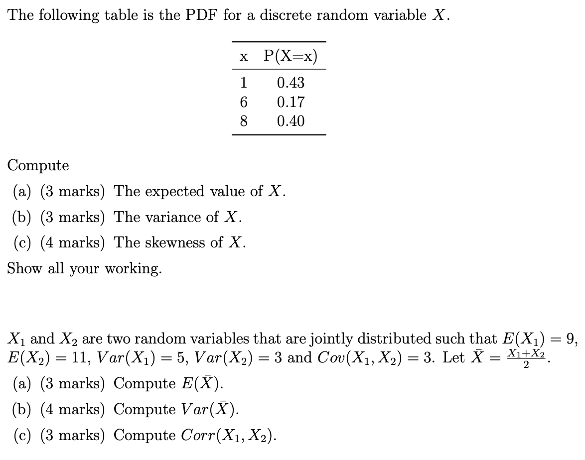 Solved The following table is the PDF for a discrete random | Chegg.com