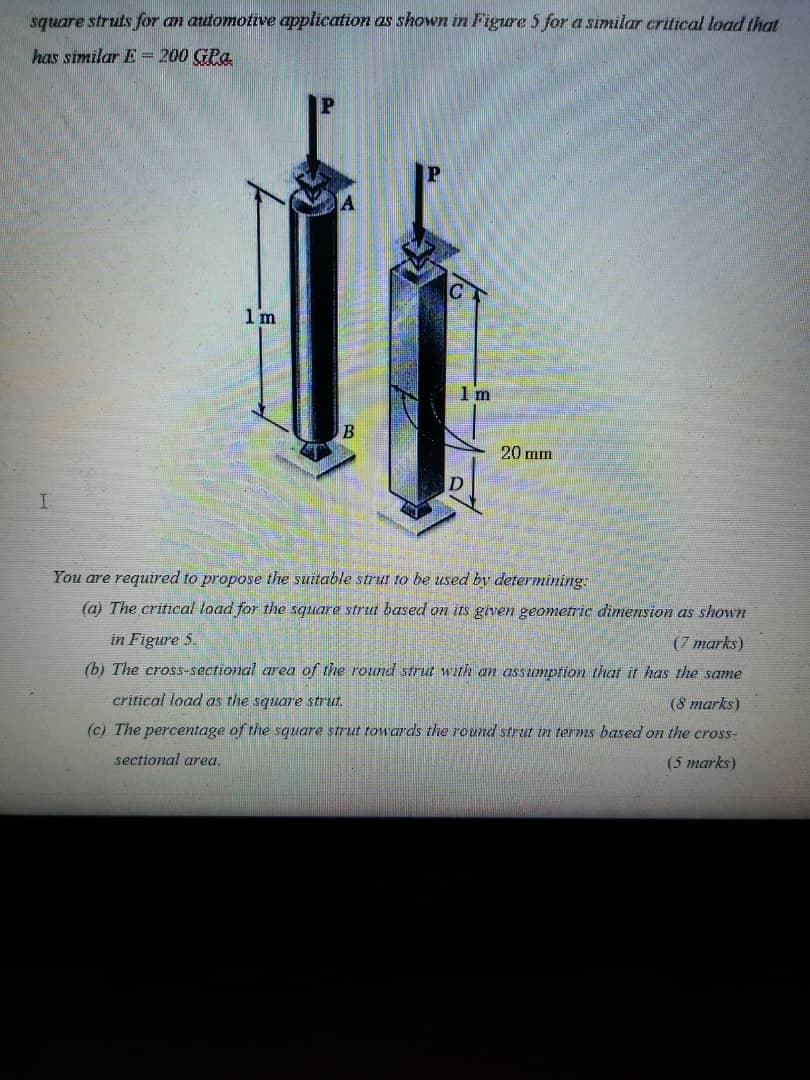 Solved square struts for an automotive application as shown | Chegg.com