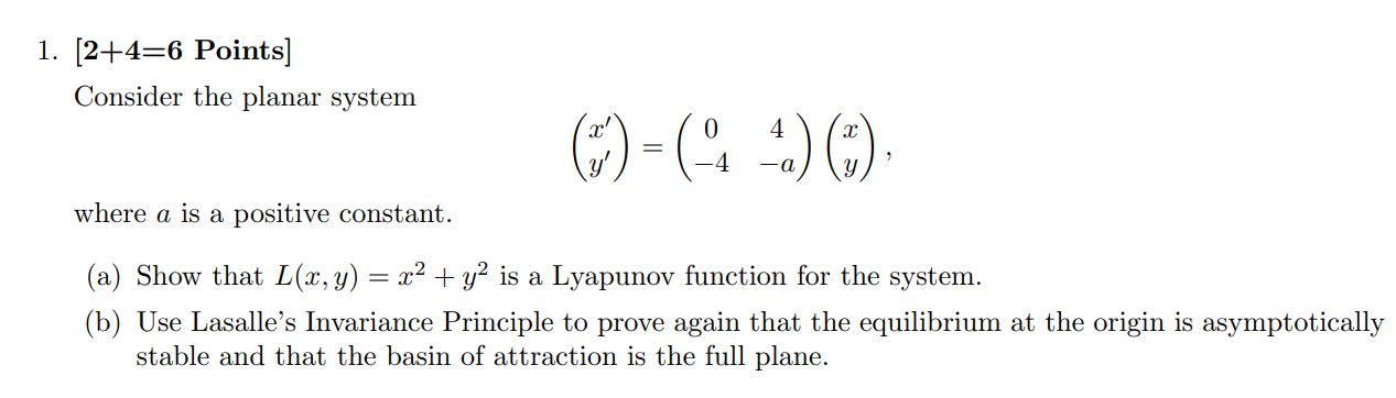 Solved 1. [2+4=6 Points ] Consider the planar system | Chegg.com