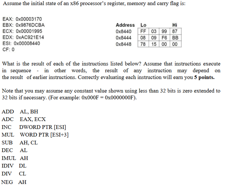 Solved Assume the initial state of an x86 processor's | Chegg.com