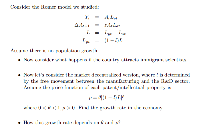 Solved = Consider the Romer model we studied: Y A Lyt AAt+1 | Chegg.com