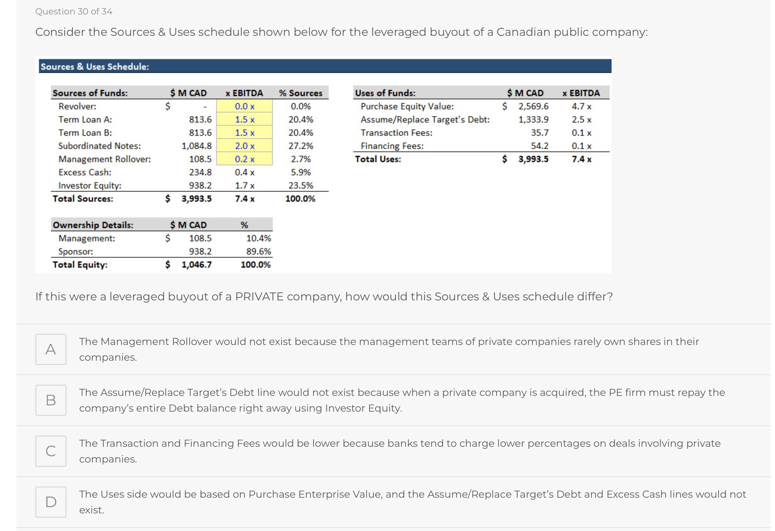 Solved Question 30 of 34 Consider the Sources & Uses | Chegg.com