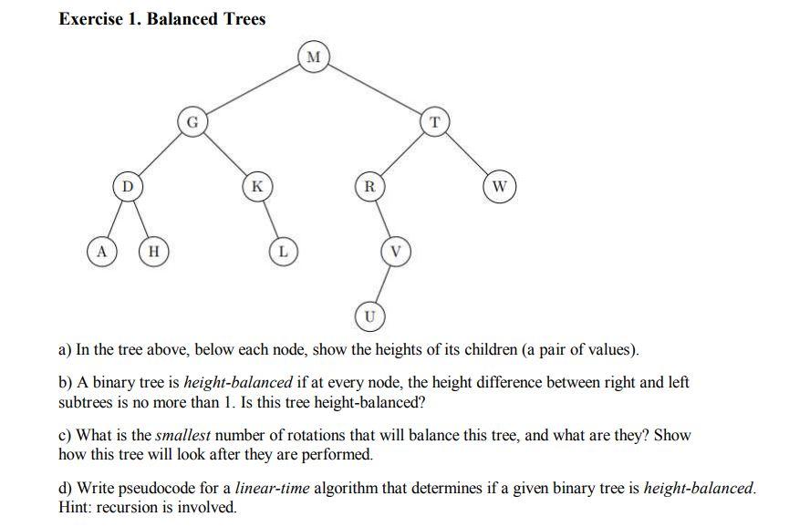 Solved Exercise 1. Balanced Trees a) In the tree above, | Chegg.com