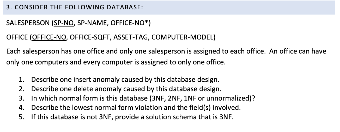 Solved 3. CONSIDER THE FOLLOWING DATABASE: SALESPERSON | Chegg.com