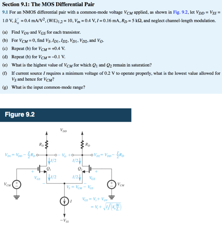 Solved Section 9.1: The MOS Differential Pair 9.1 For an | Chegg.com