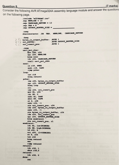 Question 8 Consider the following AVR ATmega324A | Chegg.com