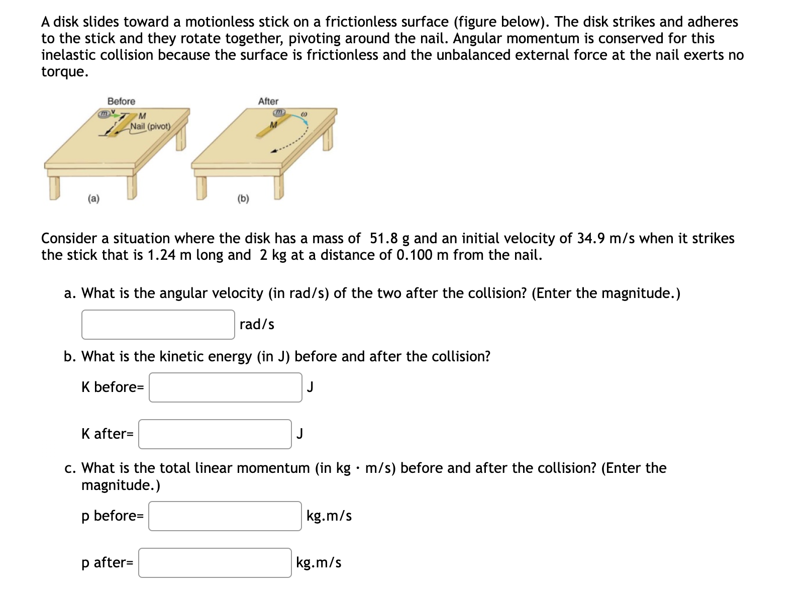 Solved A disk slides toward a motionless stick on a | Chegg.com