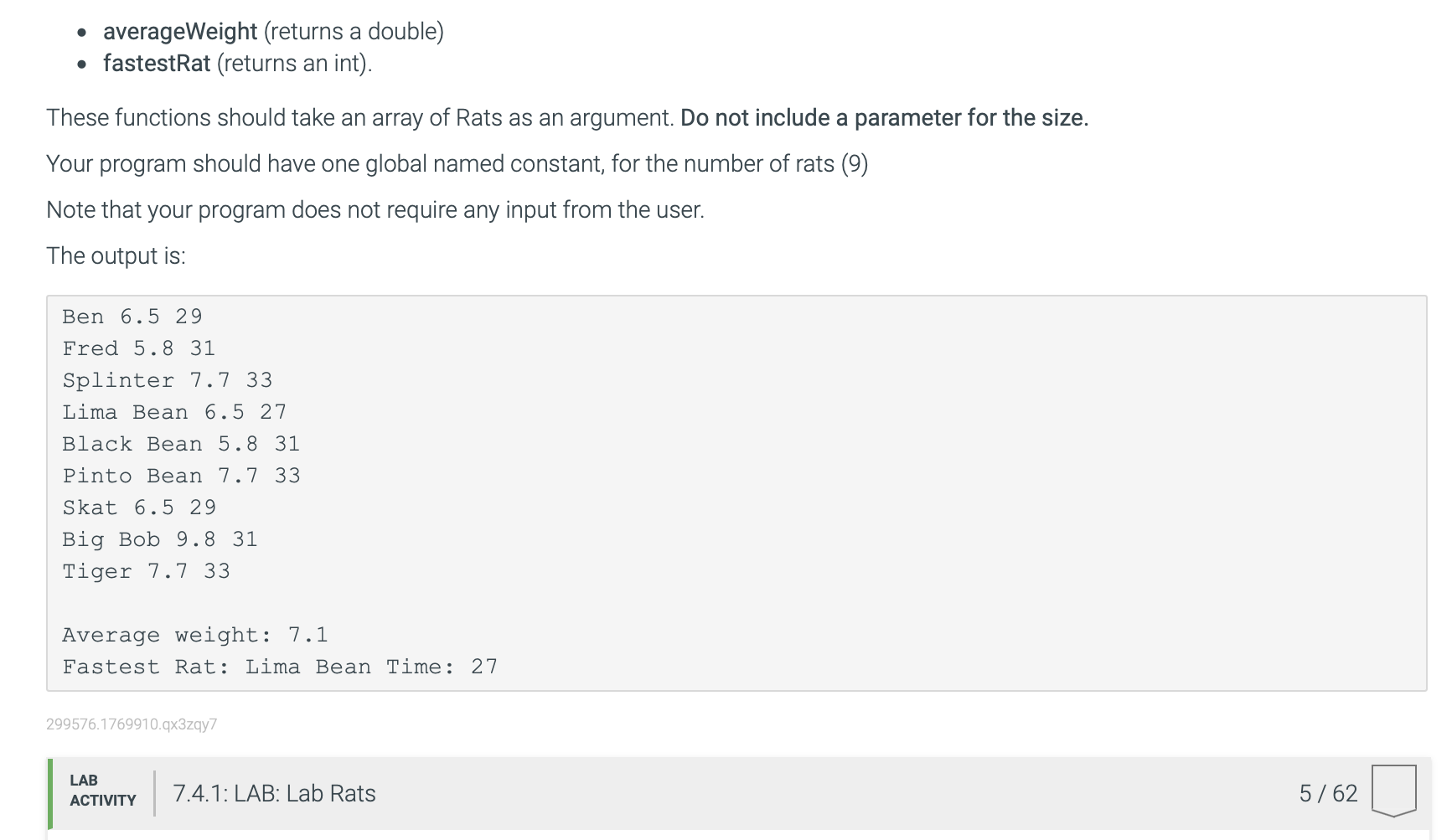 Solved 7.4 LAB: Lab Rats Write a program that stores the | Chegg.com