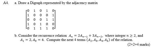 Solved A4. 1 01 a. Draw a Digraph represented by the | Chegg.com
