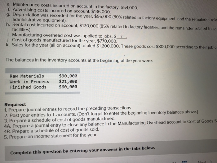 Solved e. Maintenance costs incurred on account in the | Chegg.com