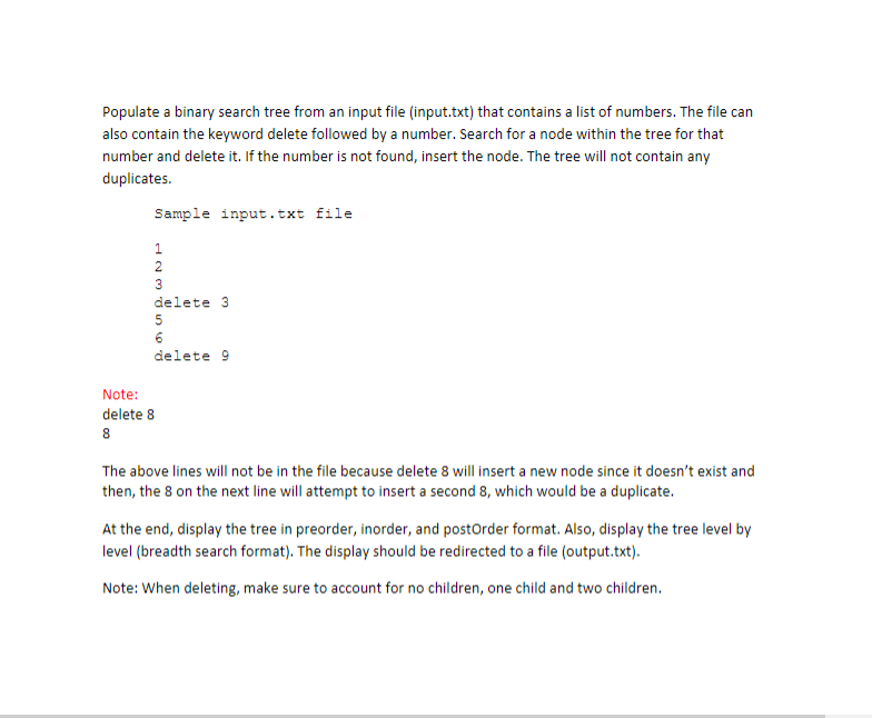 Populate a binary search tree from an input file | Chegg.com