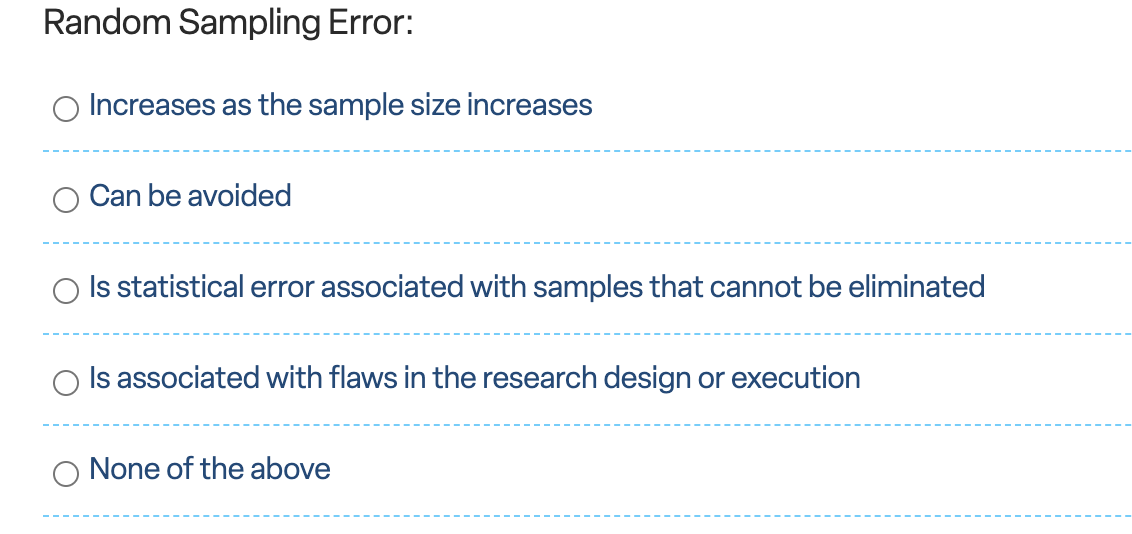 Solved Random Sampling Error: Increases as the sample size | Chegg.com