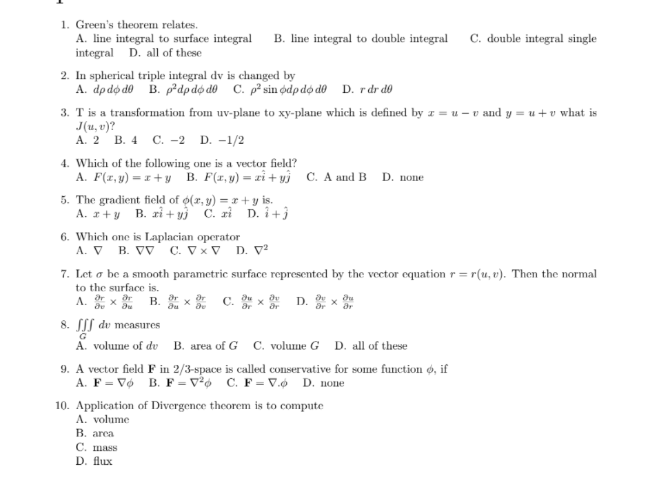 Solved 1. Green's theorem relates. A. line integral to | Chegg.com