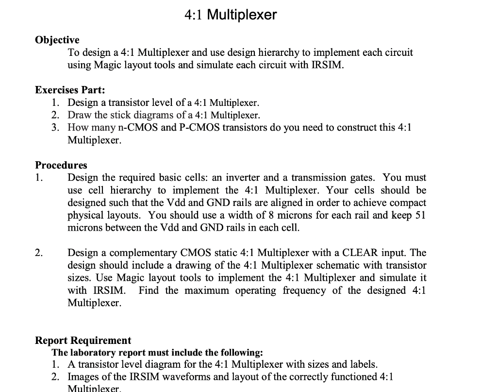 Solved 4:1 Multiplexer Objective To design a 4:1 Multiplexer | Chegg.com