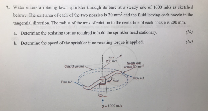 Solved 7. Water enters a rotating lawn sprinkler through its | Chegg.com