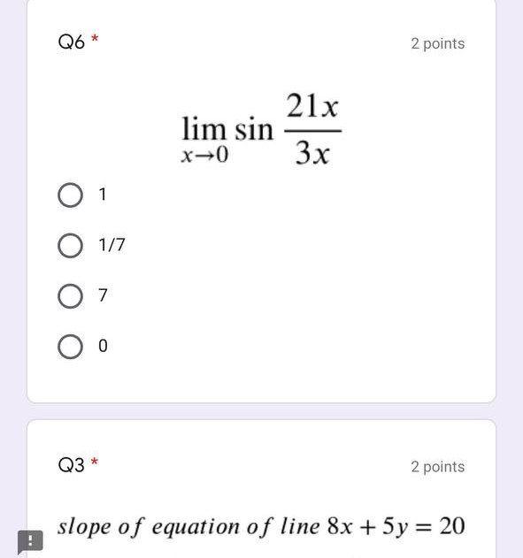 Solved Q6 2 points 21x lim sin X-10 3x 0 1 O 117 07 0 Q3 2 | Chegg.com