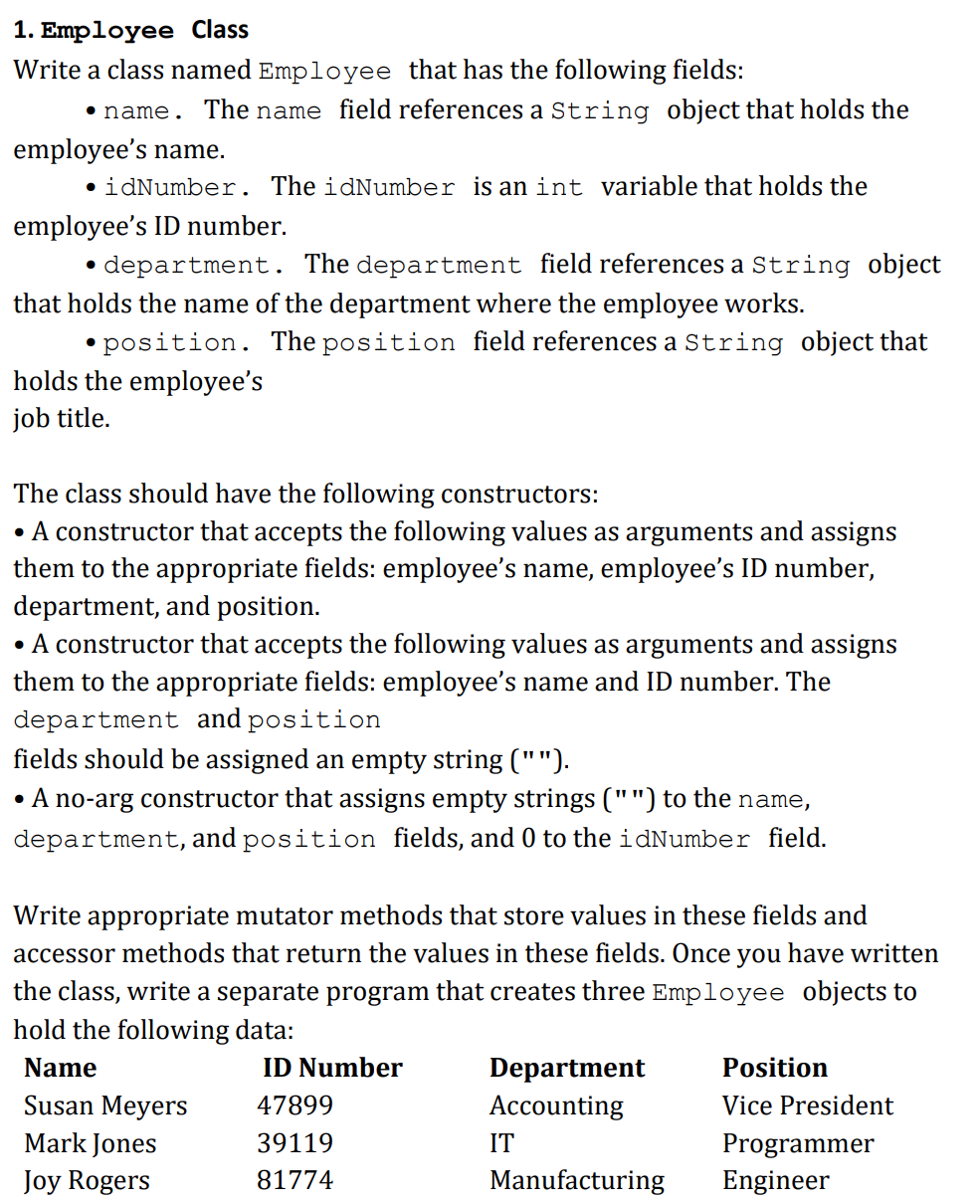 Solved 1. Employee Class Write a class named Employee that | Chegg.com