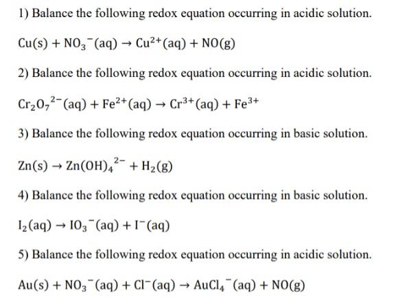 Solved 1) Balance the following redox equation occurring in | Chegg.com