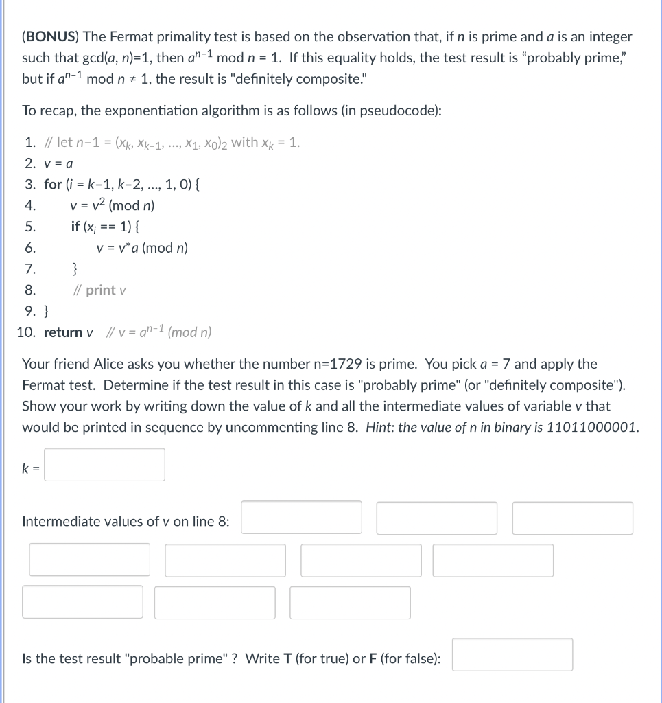Solved (BONUS) The Fermat primality test is based on the | Chegg.com