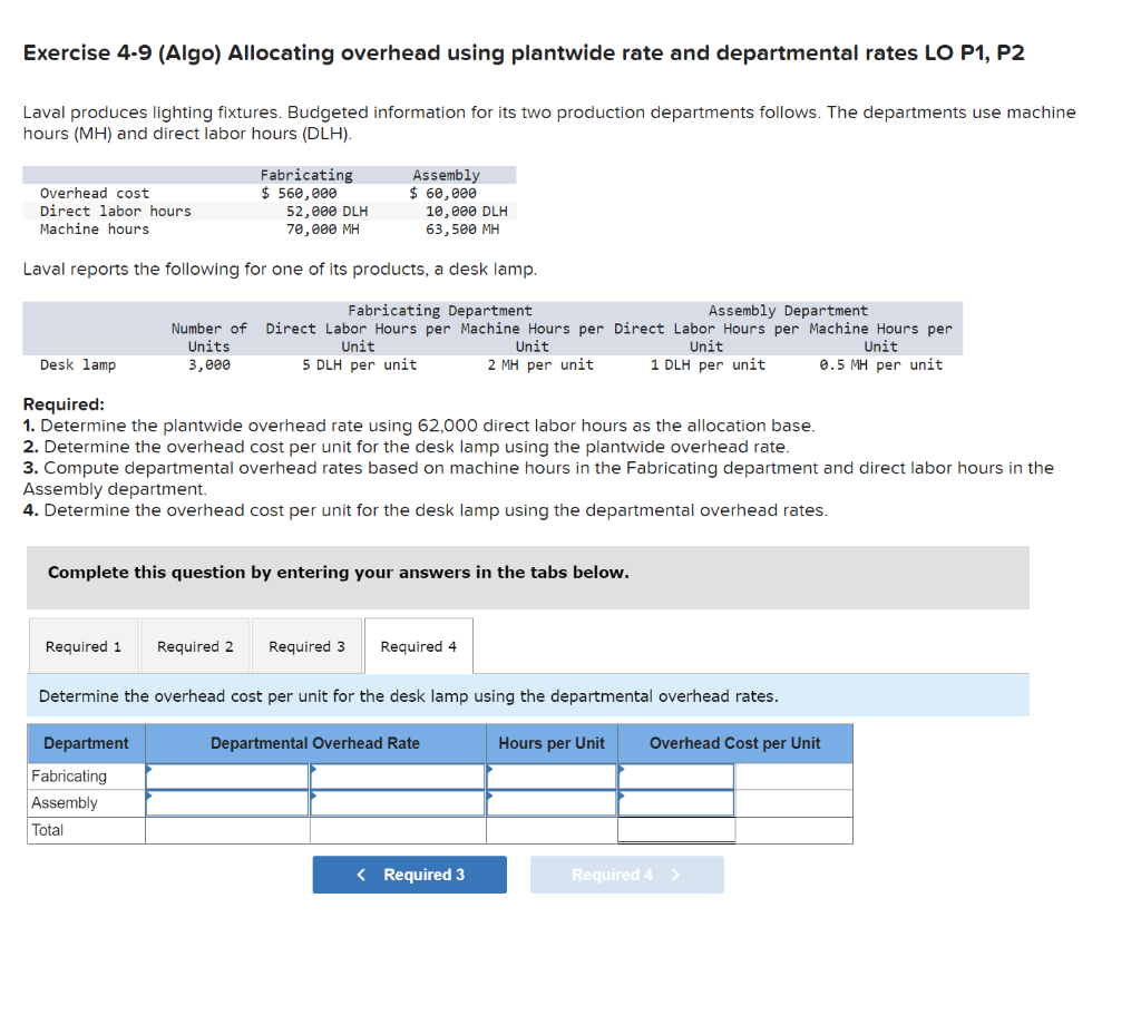 Solved Exercise 4-9 (Algo) Allocating overhead using | Chegg.com