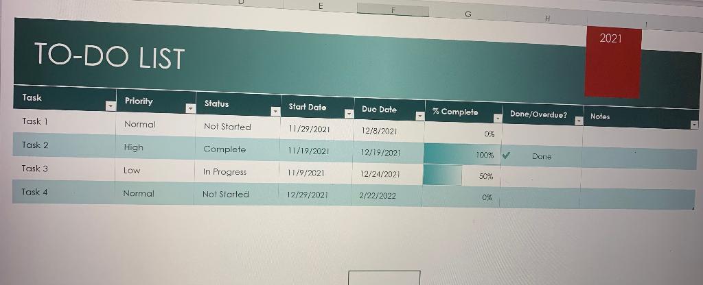 Solved G 2021 TO-DO LIST Task Priority Status Start Date Due | Chegg.com