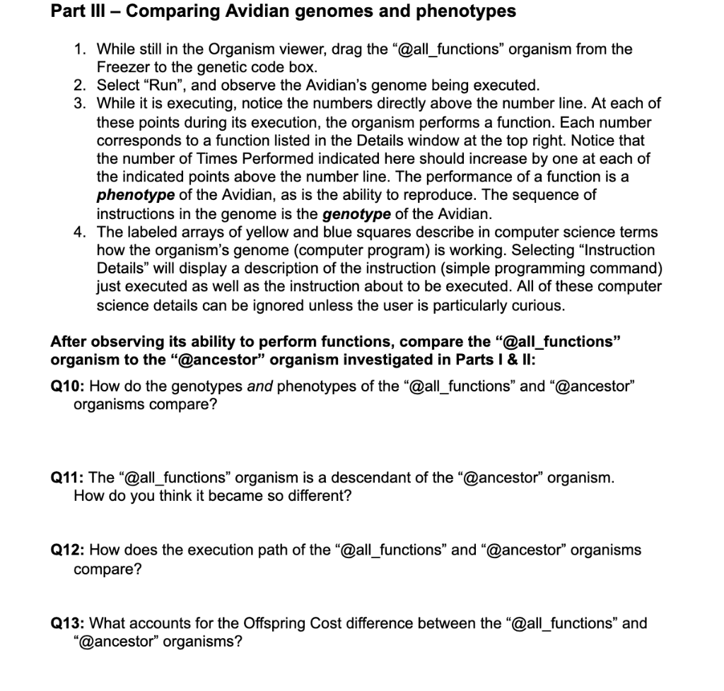 Part III – Comparing Avidian genomes and phenotypes | Chegg.com