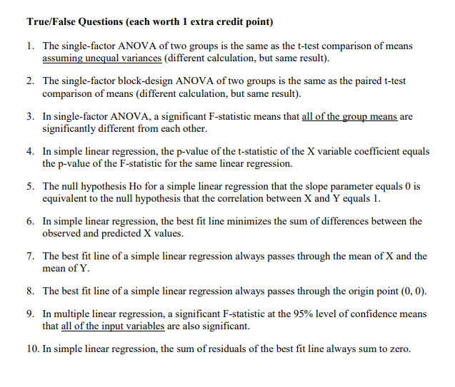 Solved True/False Questions (each worth 1 extra credit | Chegg.com