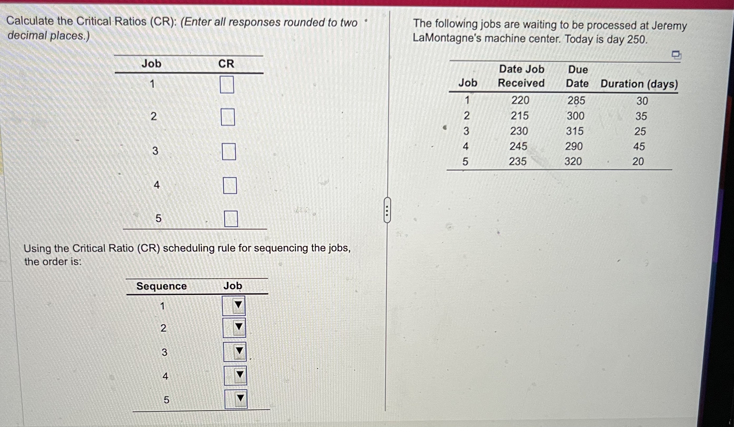 Solved Calculate the Critical Ratios (CR): (Enter all | Chegg.com