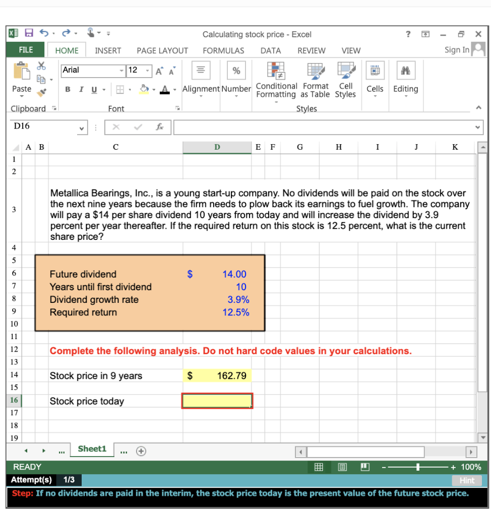 Solved X Sign In File Home Arial Calculating Stock Price