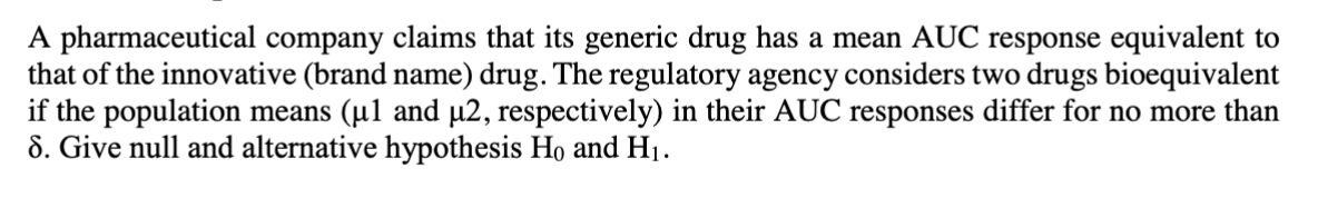 Solved A pharmaceutical company claims that its generic drug | Chegg.com