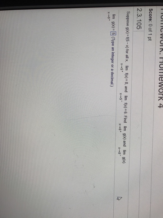 Solved Score: 0 of 1 pt 2.3.105 Suppose g(x):f(5-X) for | Chegg.com Solved Score: 0 of 1 pt 2.3.105 Suppose g(x):f(5-X) for | Chegg.com