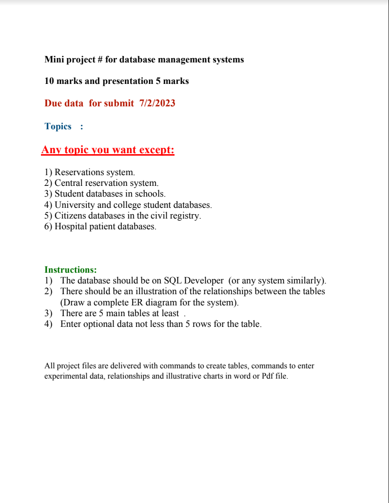 Solved Any topic you want except: 1) Reservations system. 2) | Chegg.com