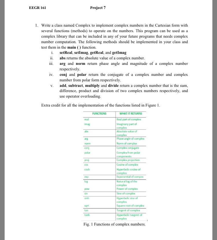 Solved EEGR 161 Project 7 1. Write a class named Complex to | Chegg.com