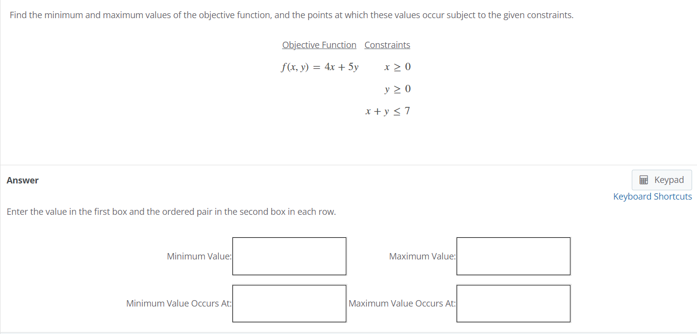 Solved Find the minimum and maximum values of the objective | Chegg.com