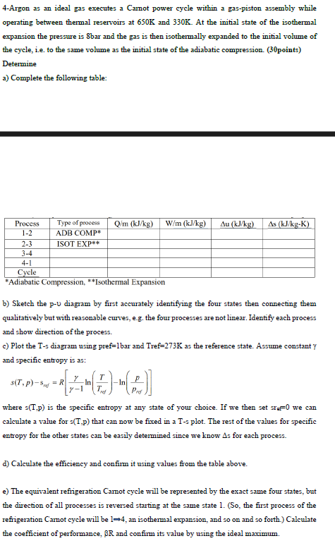 Solved 4-Argon as an ideal gas executes a Camot power cycle | Chegg.com