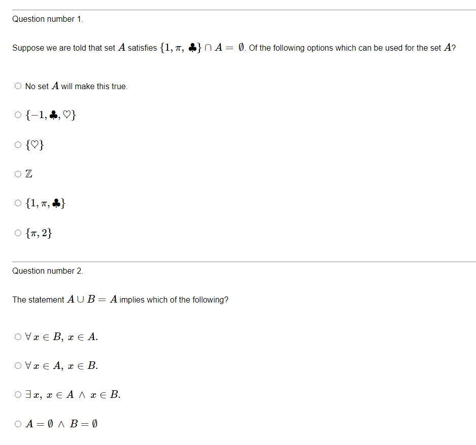 Solved Suppose we are told that set A satisfies {1,π,α}∩A=∅. | Chegg.com