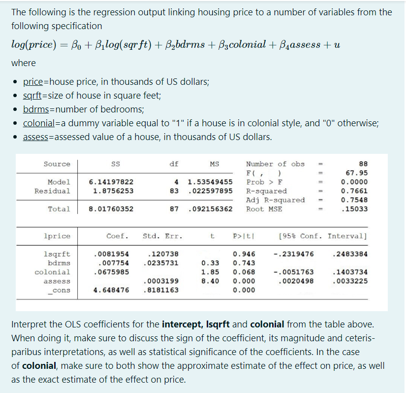Solved = The following is the regression output linking | Chegg.com