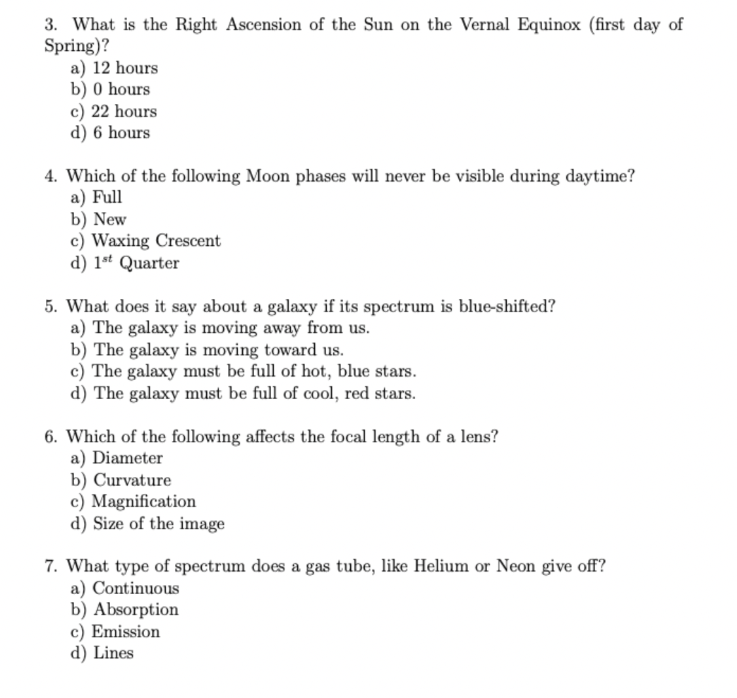 Solved Please answer the 5 astronomy multiple choice | Chegg.com