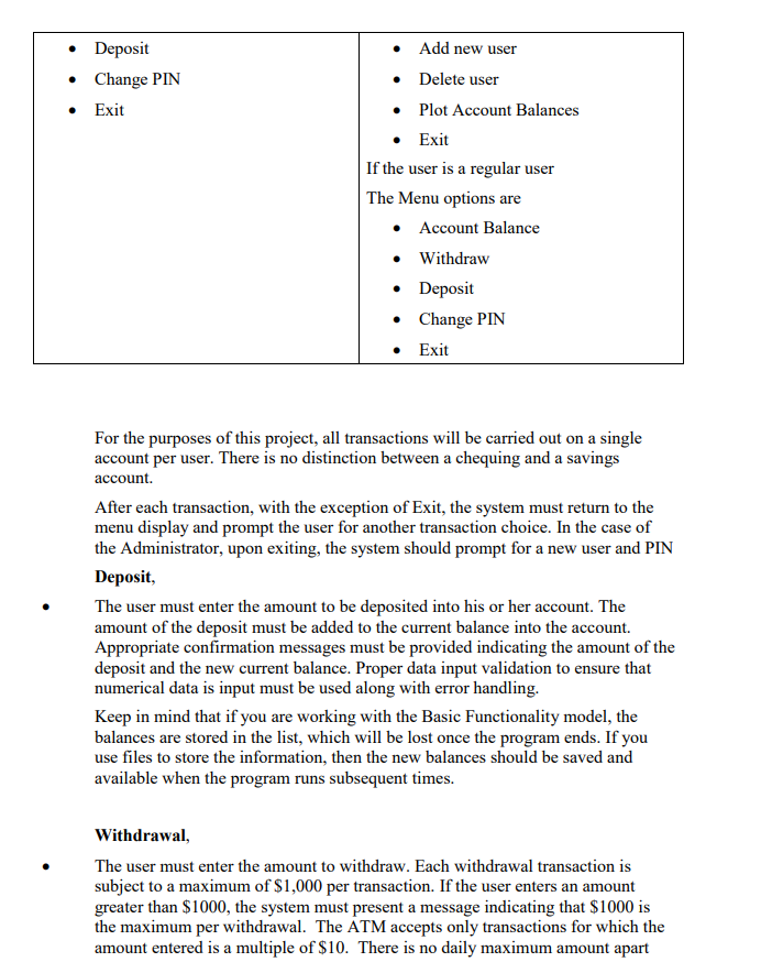 Solved The main functions of the ATM simulator may be | Chegg.com