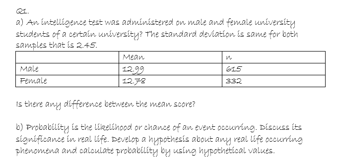 Solved a) An intelligence test was administered on male and | Chegg.com