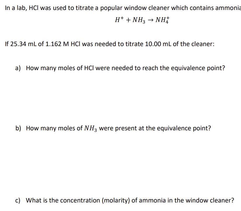 Solved In a lab, HCl was used to titrate a popular window | Chegg.com