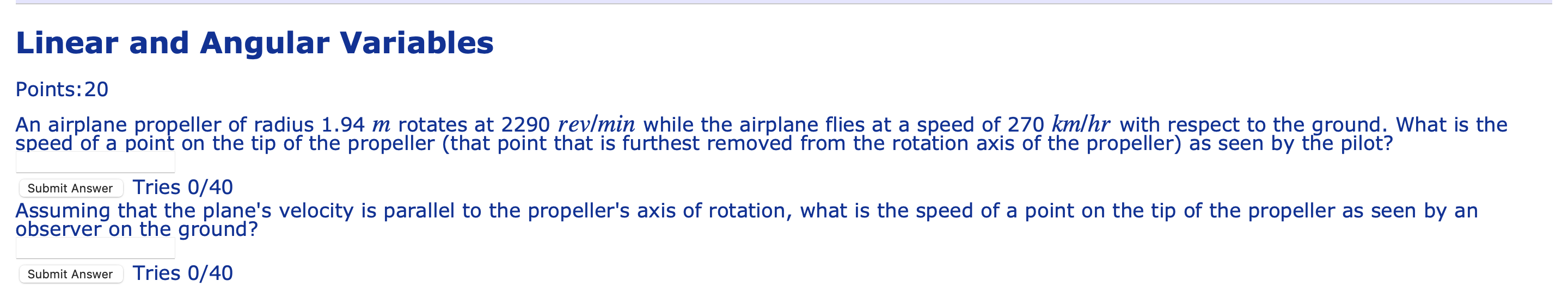 Solved Linear and Angular Variables Points: 20 An airplane | Chegg.com