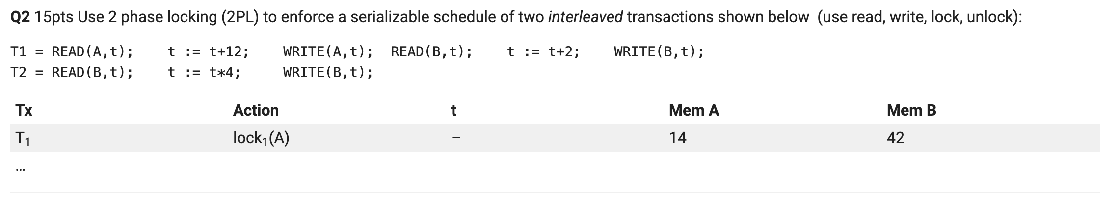 Solved Q2 15pts Use 2 phase locking ( 2PL ) to enforce a | Chegg.com