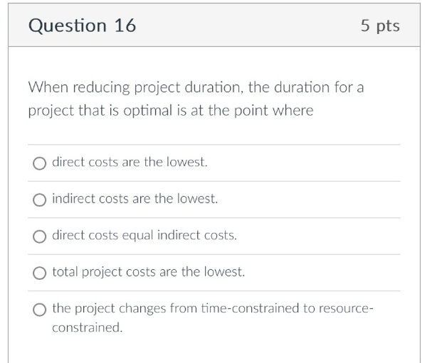 Solved Question 16When reducing project duration, the | Chegg.com