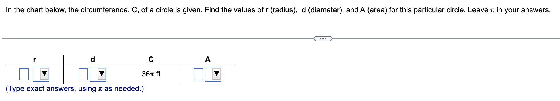 Solved In the chart below, the circumference, C, of a circle | Chegg.com